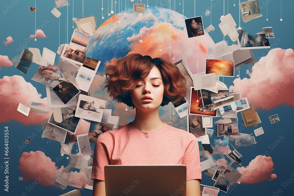 collage illustration of a woman overwhelmed by virtual connections and ...