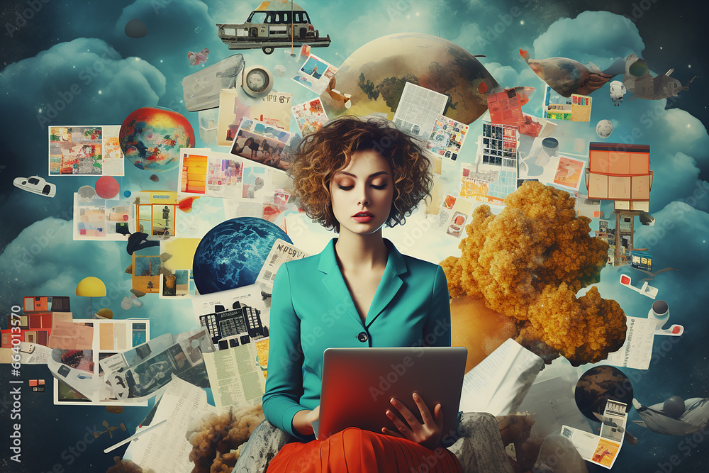 collage illustration of a woman overwhelmed by virtual connections and ...