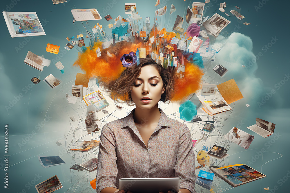 collage illustration of a woman overwhelmed by virtual connections and ...