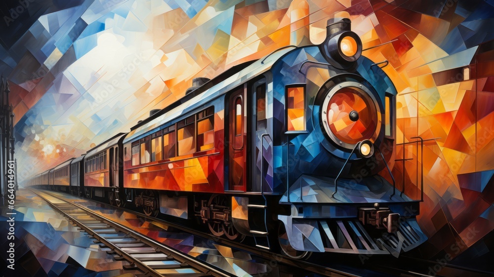 Vibrant strokes bring a railway to life as a majestic train barrels ...