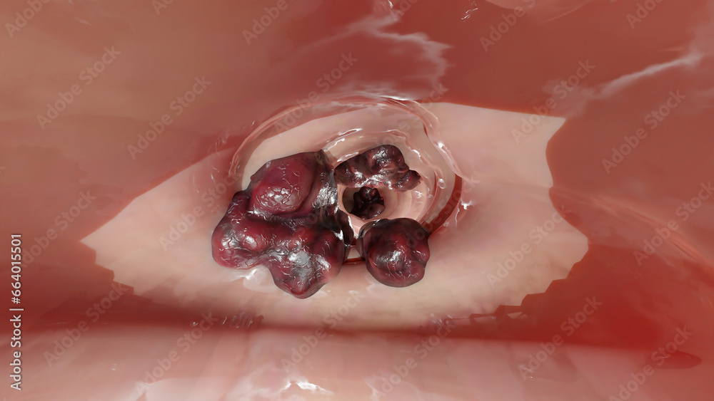 Colorectal cancer, malignant tumor in intestine, Endoscope inside ...