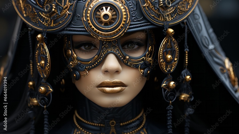 A masked figure adorned in elaborate clothing stands still as a ...
