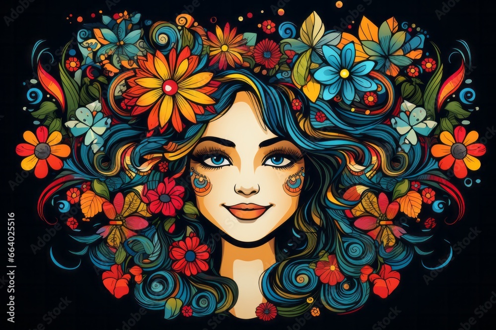 Illustration of a beautiful painting of a boho style woman with floral ...