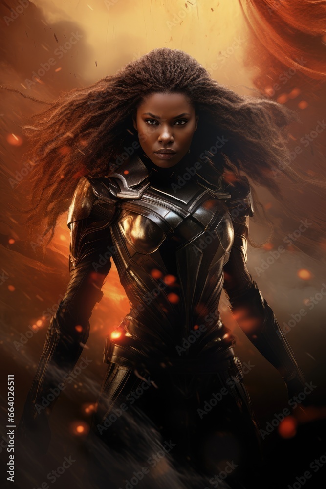 African american beauty woman with long curly hair. flaming fantasy ...