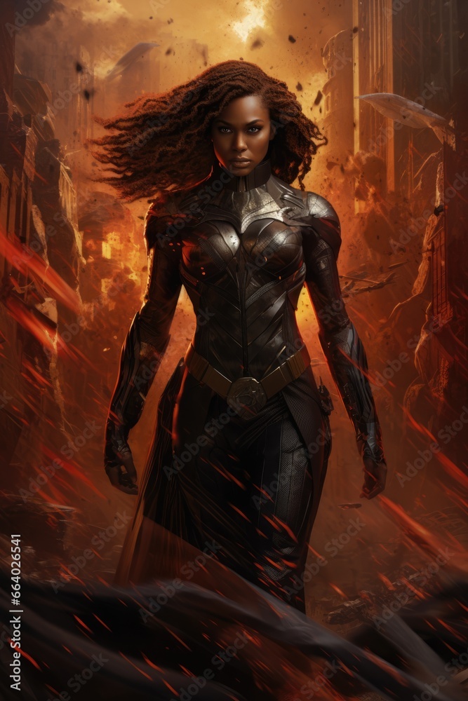 A mysterious black woman wearing a tight sci-fu medieval Gothic suit ...