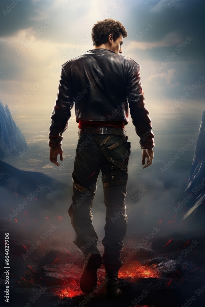 Handsome man on a cliff. looking over his shoulder. lava, mountains ...