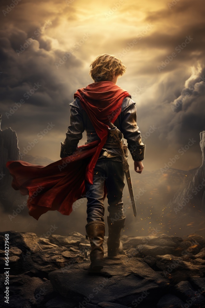 Young pre-teen boy with wavy blond hair. red cape. sword. fantasy sci ...