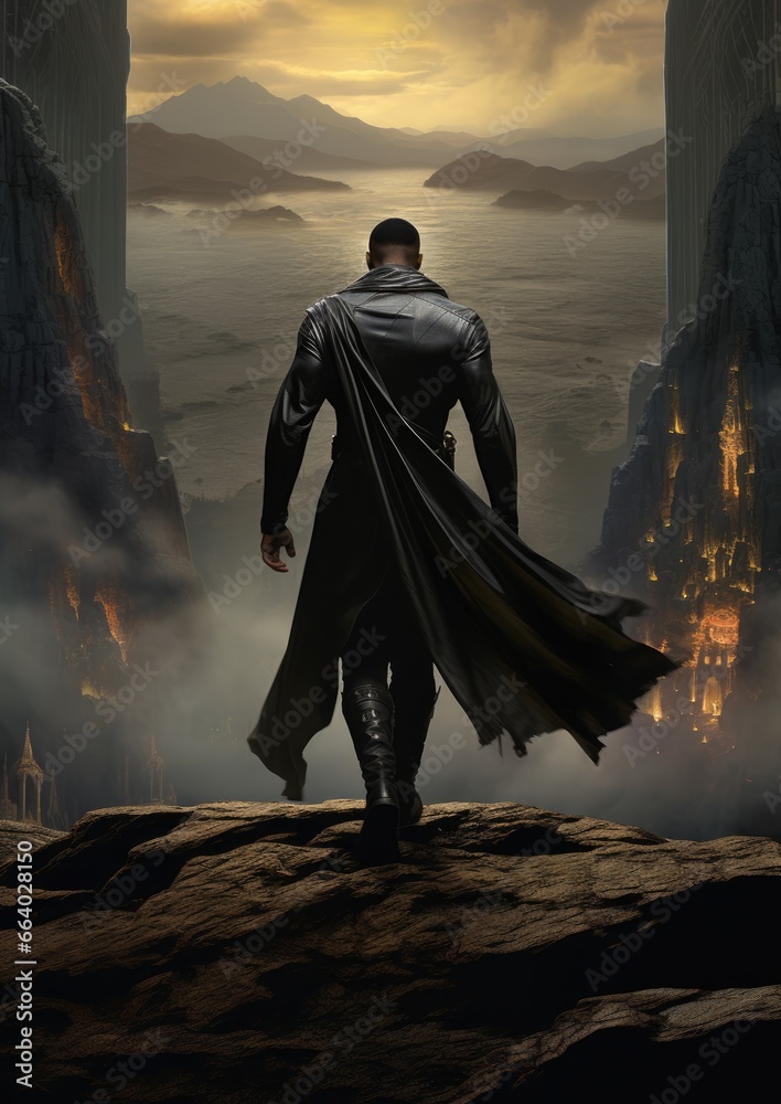 Black African american villain in black latex coat suit with a black ...