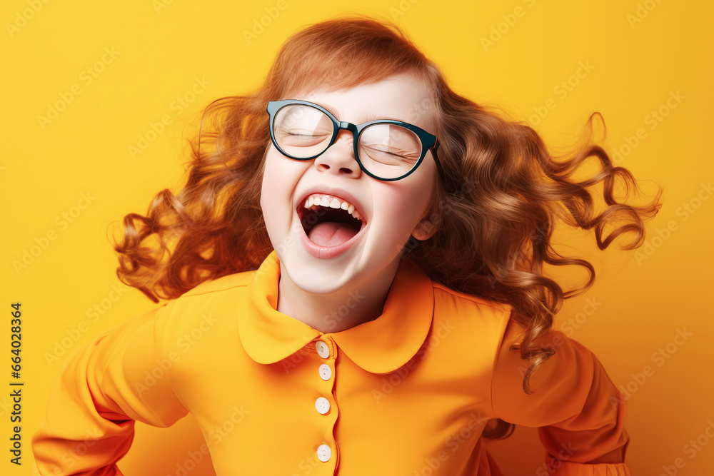 Ginger girl with down syndrome laughs on a yellow background Stock ...