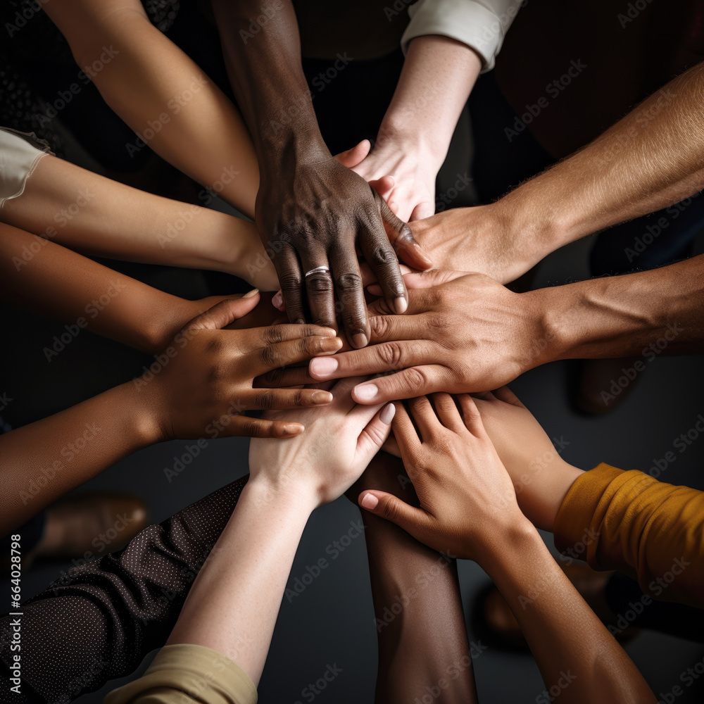 Group of mix race people joining hands together in a circle supporting ...