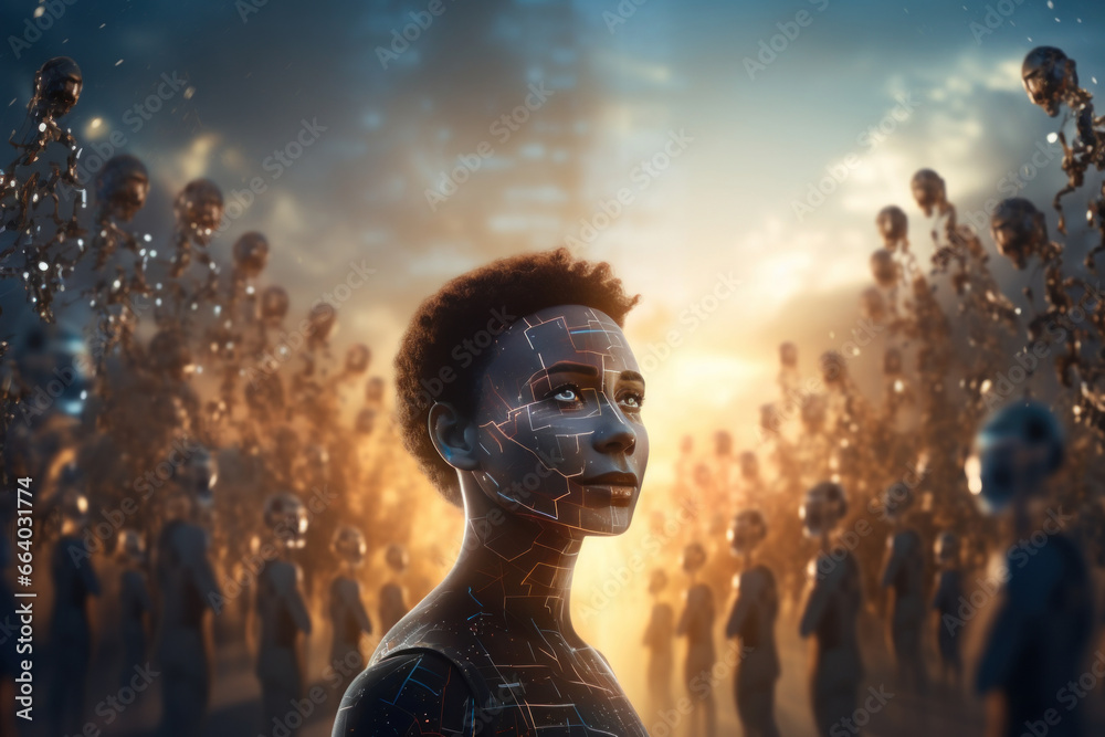 Black woman in futuristic suit standing amon robots at sunrise. Synergy ...