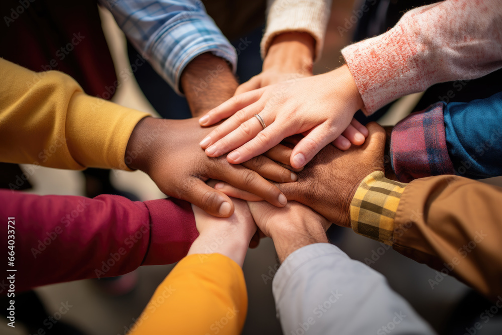 Group of mix race people joining hands together in a circle supporting ...