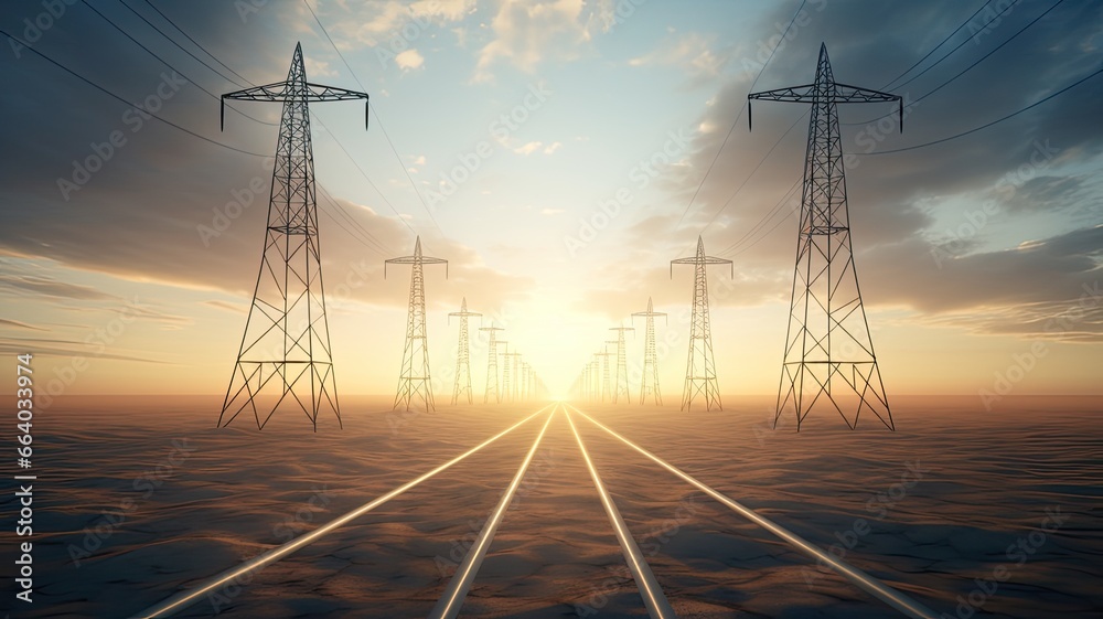 a straight row of high voltage pylons in the midst of a vast rural ...
