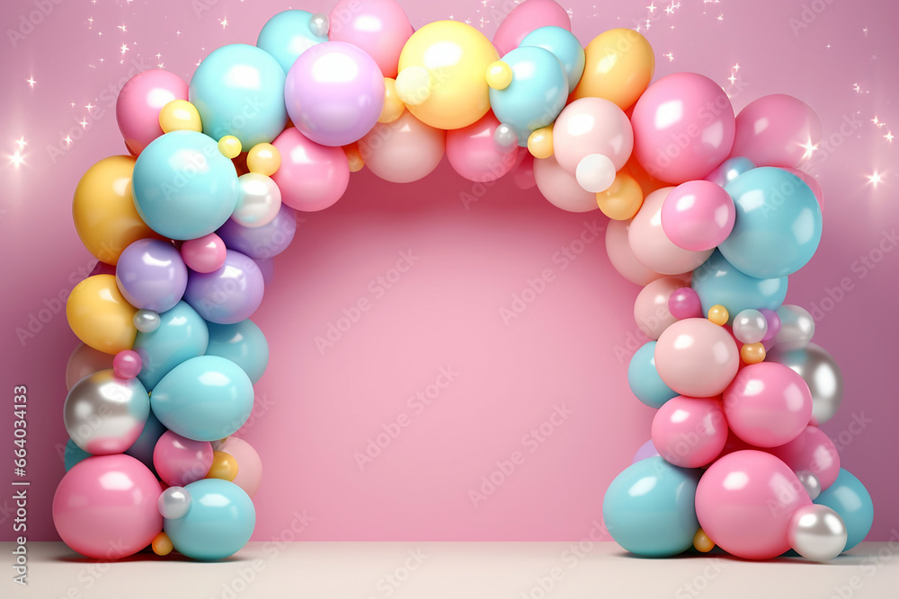 Helium balloons arch on pastel background. Wall decorated with colorful ...