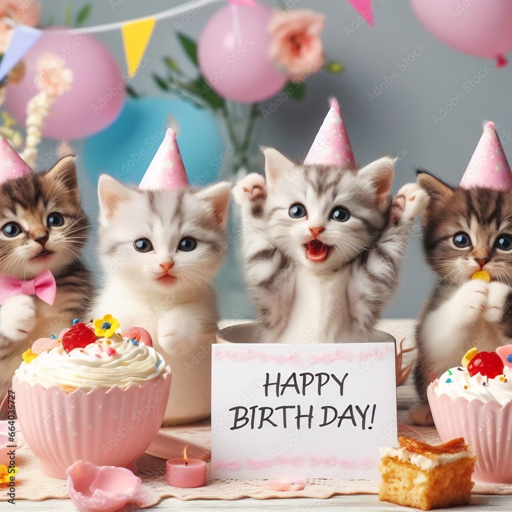 Kittens with a party hat holding a "Happy birthday" sign, fun birthday ...