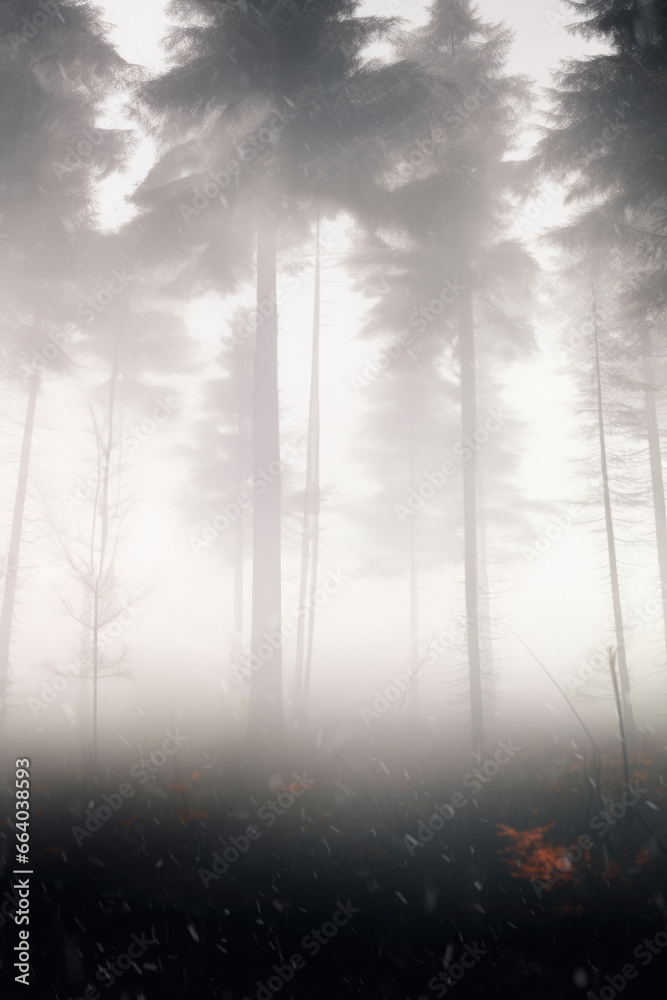 misty foggy fantasy spooky forest clearing. white smoke bright gray ...