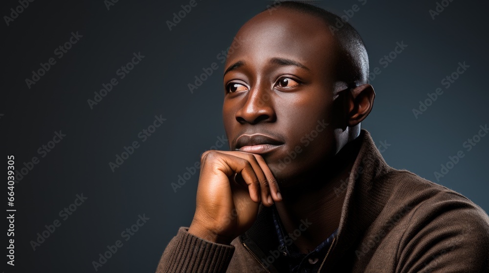 Portrait of a pensive man with his hand under his chin, thinking about ...