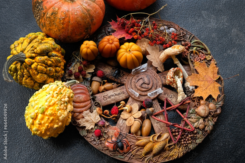 Wiccan altar with wheel of the year on abstract dark background ...