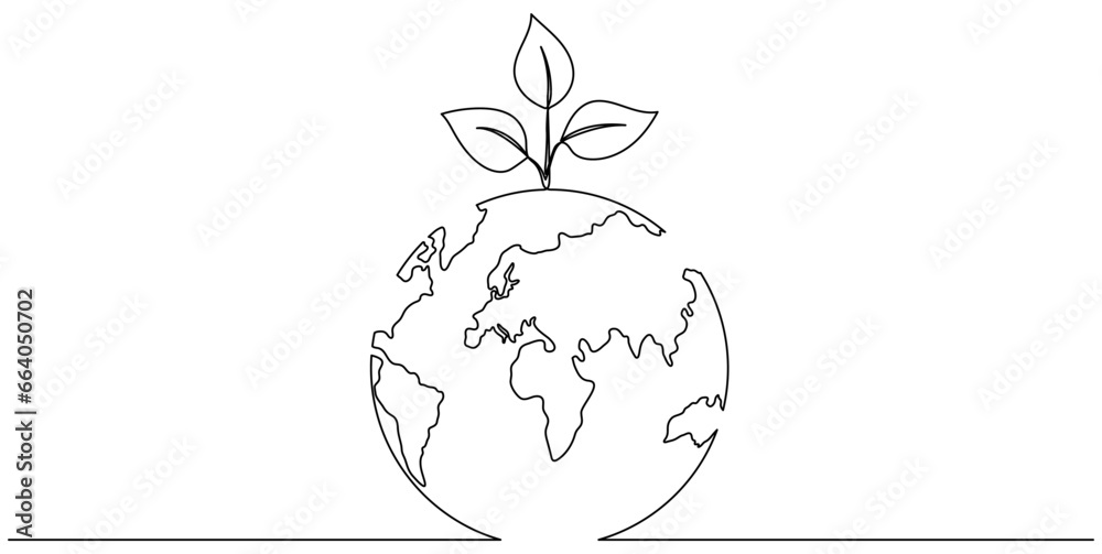 Leaf with Earth globe continuous line drawn. Linear world map with ...