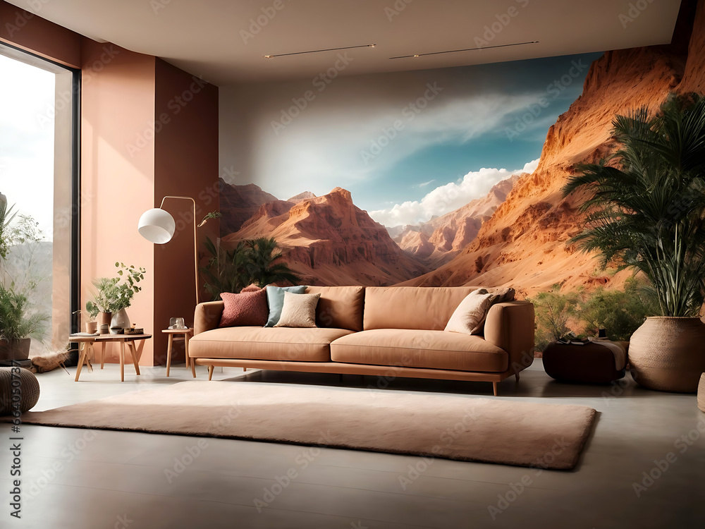 The modern creative living room interior design of a full wall ...