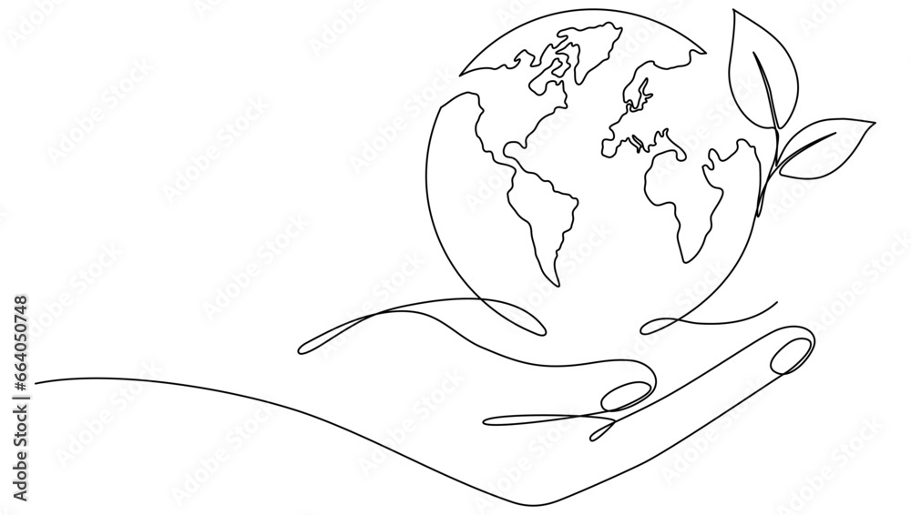 Human hands holding Earth globe with leaves continuous line drawn ...
