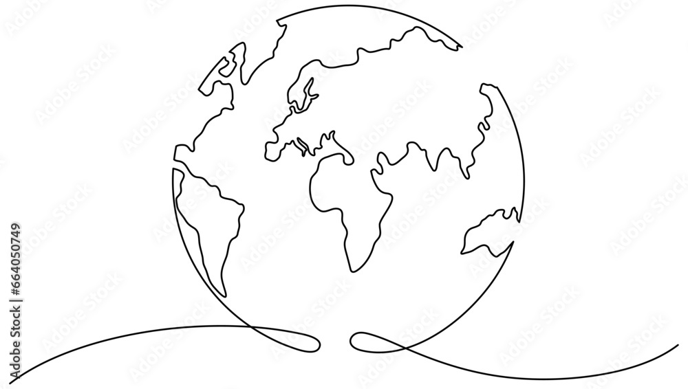 Continuous Earth continuous line drawing symbol. World map one line art ...