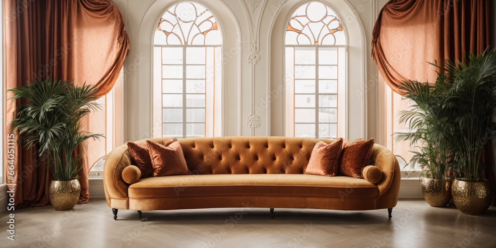 Art Deco loft home interior design of a modern living room. Velvet sofa ...