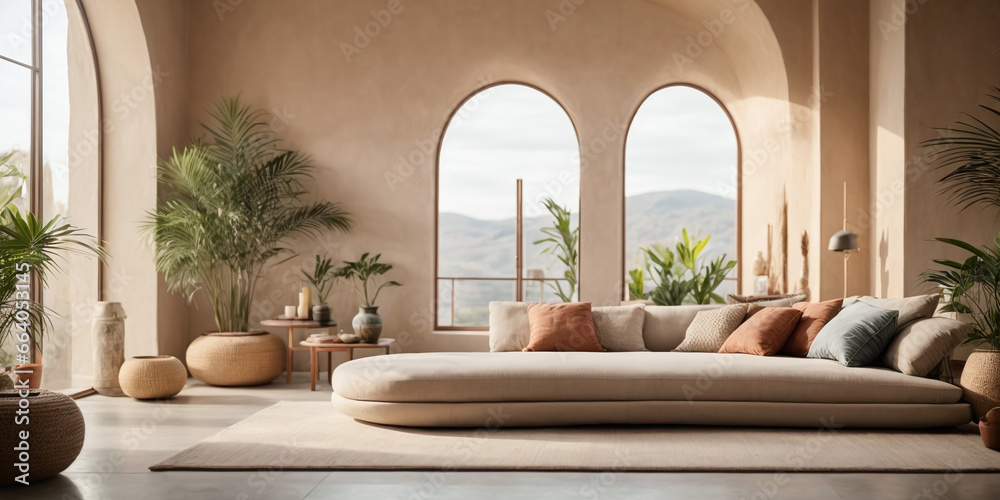 Zen-inspired loft home interior design of a modern living room. Low ...