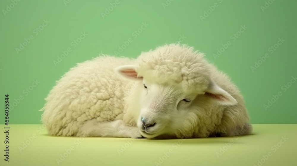 Cute sheep lying on floor sleeping with closed eyes on a green ...