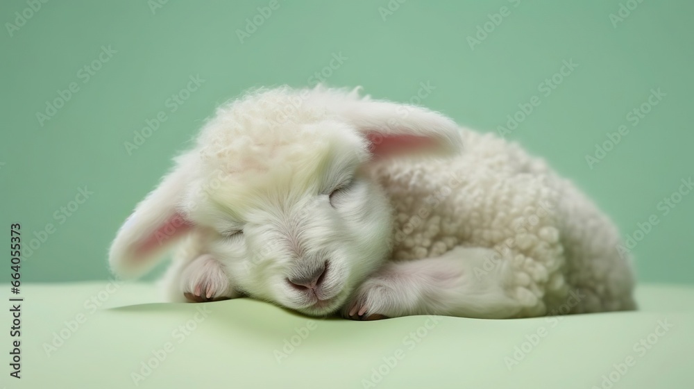 Cute sheep lying on floor sleeping with closed eyes on a green ...
