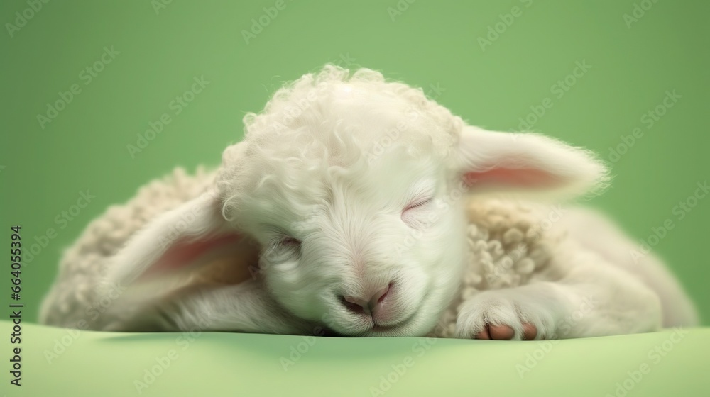 Cute sheep lying on floor sleeping with closed eyes on a green ...