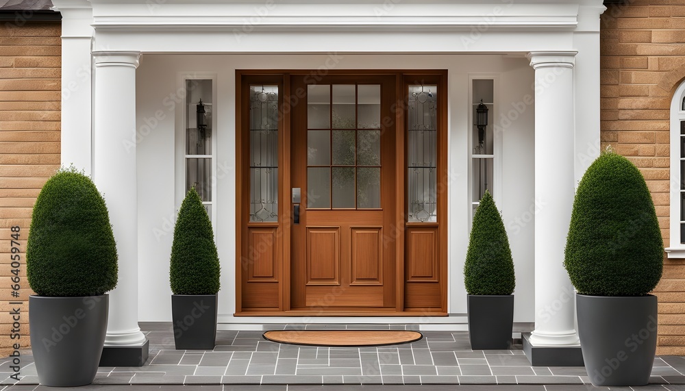 Main entrance door in house. Wooden front door with gabled porch and ...