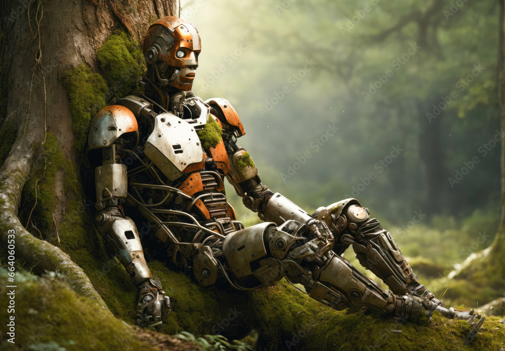 Broken Down Android Robots. a rusty cyborg sitting at the base of a ...