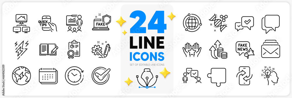 Icons set of Lightning bolt, Fake news and Time change line icons pack ...