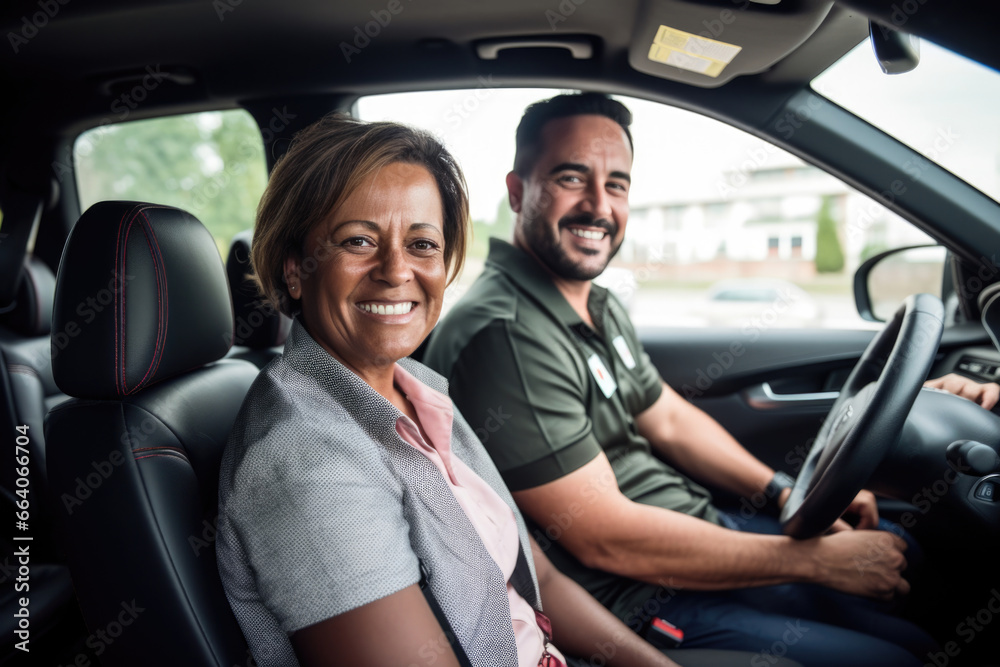 Both the driving teacher and the adult learner wear smiles in the car ...