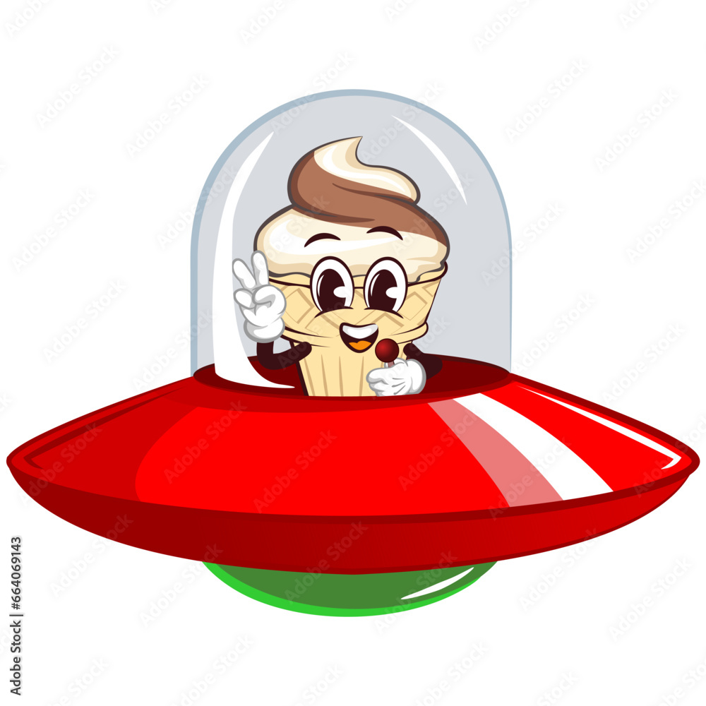character mascot of ice cream cone with funny face riding alien ufo ...
