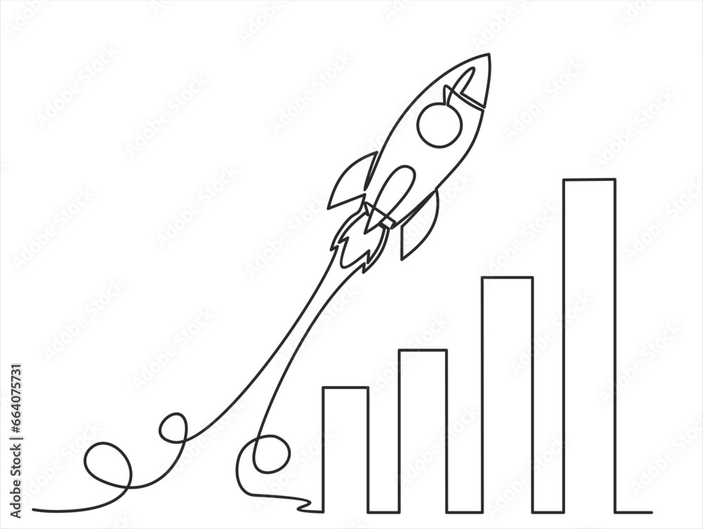 continuous line drawing of Rocket launch, ship and increasing up arrows ...