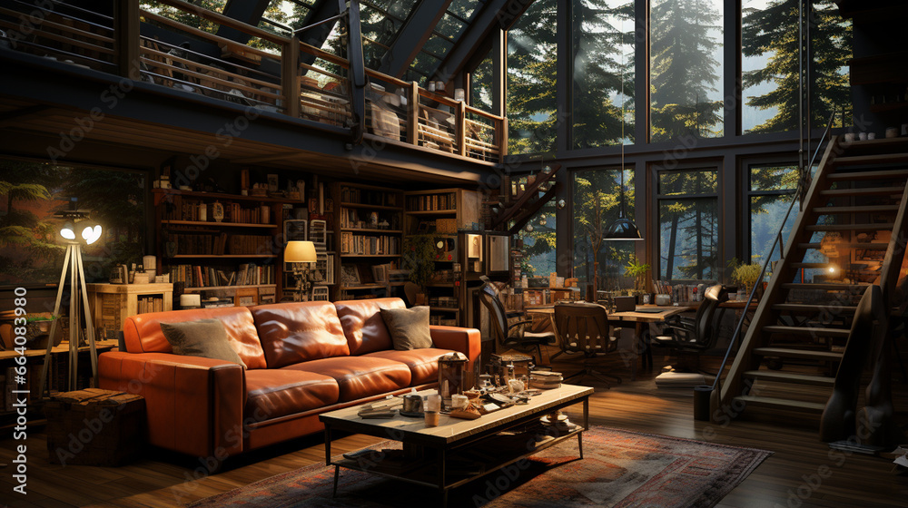 interior design of old library with fireplace Stock Illustration ...