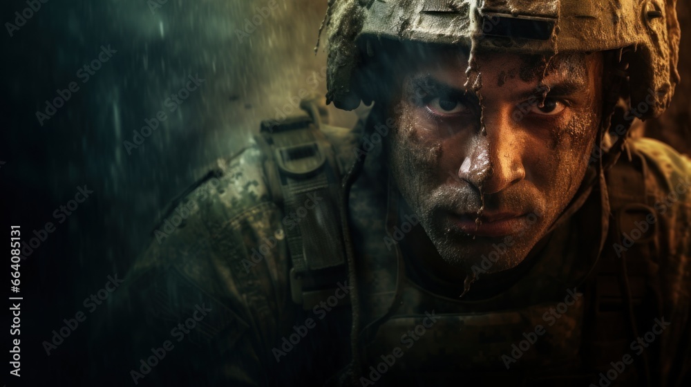 Close-up of soldier in full combat gear, with face marked by mud and ...