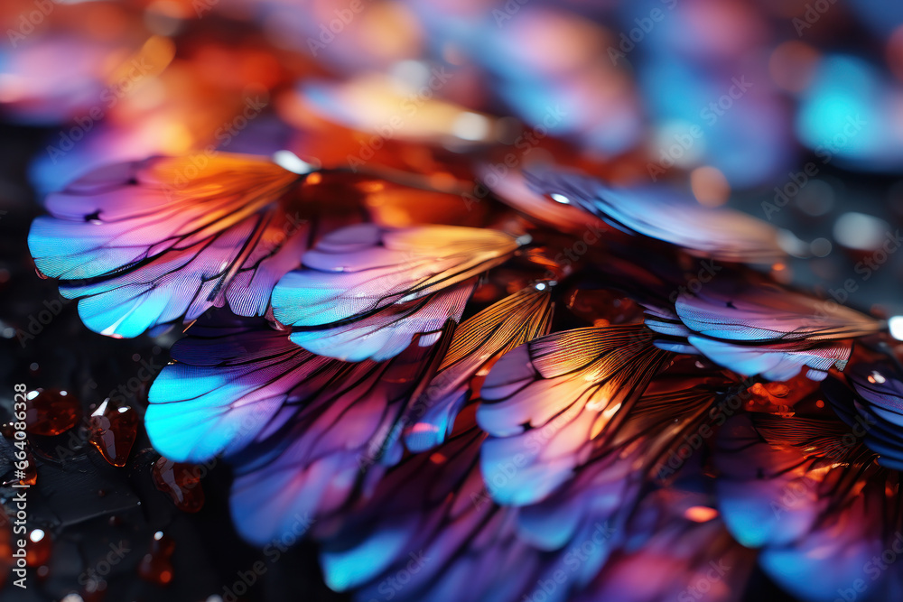 A microscopic view of a delicate butterfly wing, revealing intricate patterns and iridescence ...