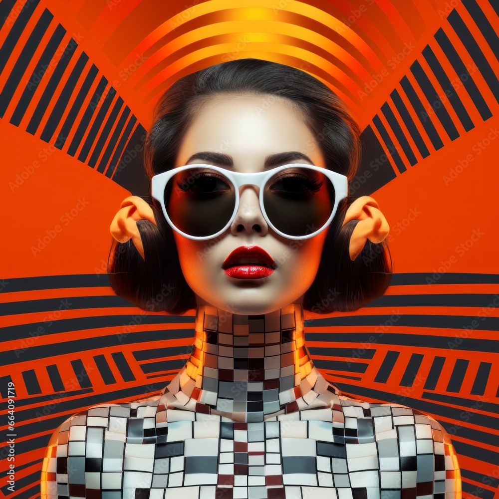 orange background with retro woman, black glasses, black lips Stock ...
