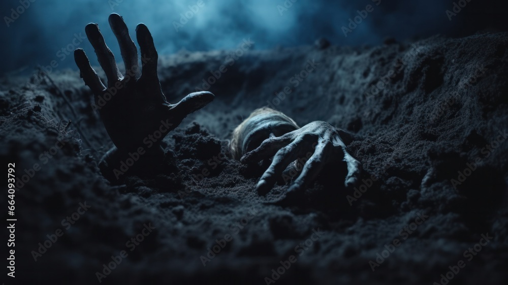 Resurrected creepy monster climbs out of the grave digging the ground ...