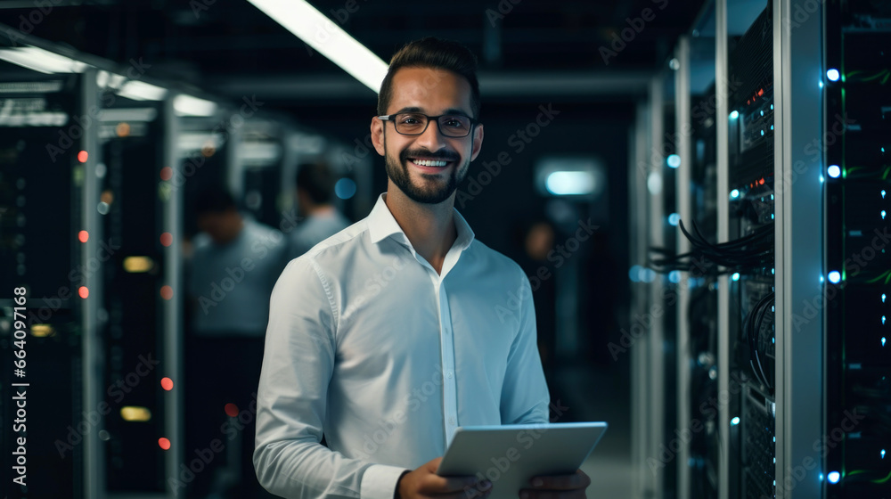 indian server engineer smiling in data center, Data Protection ...
