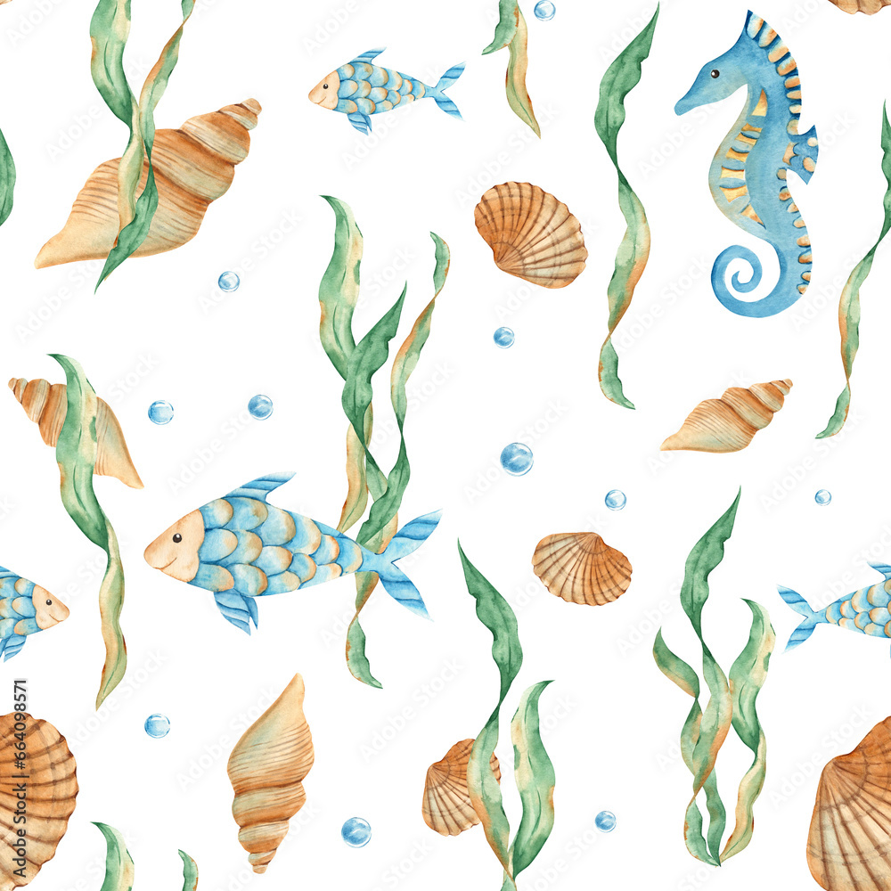Watercolor under the sea hand drawn seamless pattern with cute fish ...