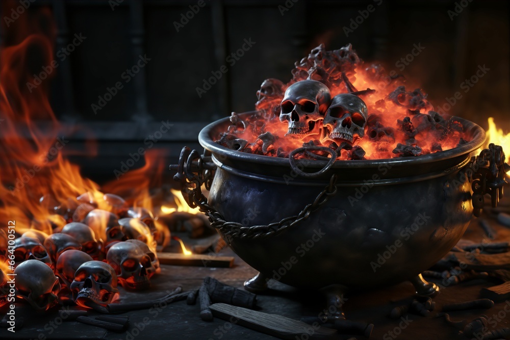 Black Cauldron Hot Glowing Coals Human Bones Skulls Halloween Poster ...