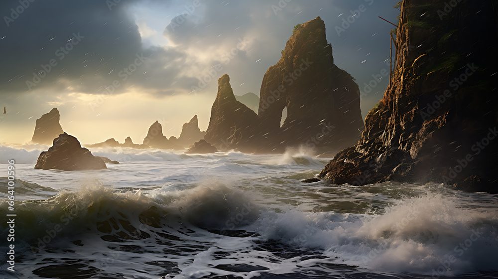 coastal cliffs along a rugged shoreline, with dramatic sea stacks and ...