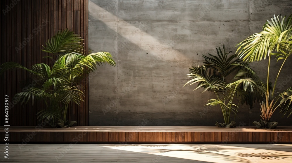 Concrete wall with wooden elements, shadows on the wall, tropical ...
