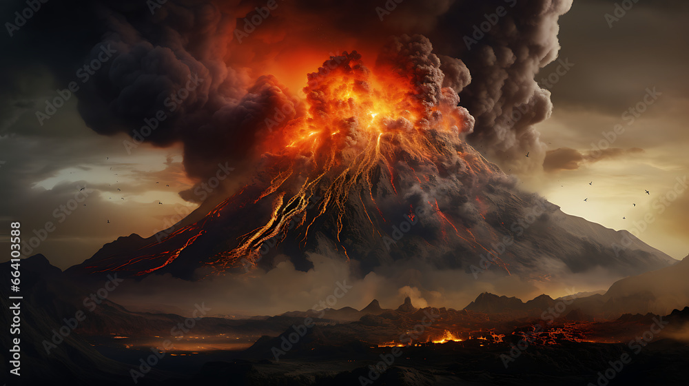 a volcanic landscape, with a rugged, otherworldly terrain, steam vents ...