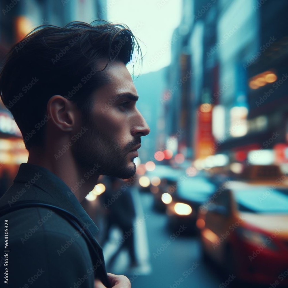 side view, a serious man in the city on a busy street, stands by the ...