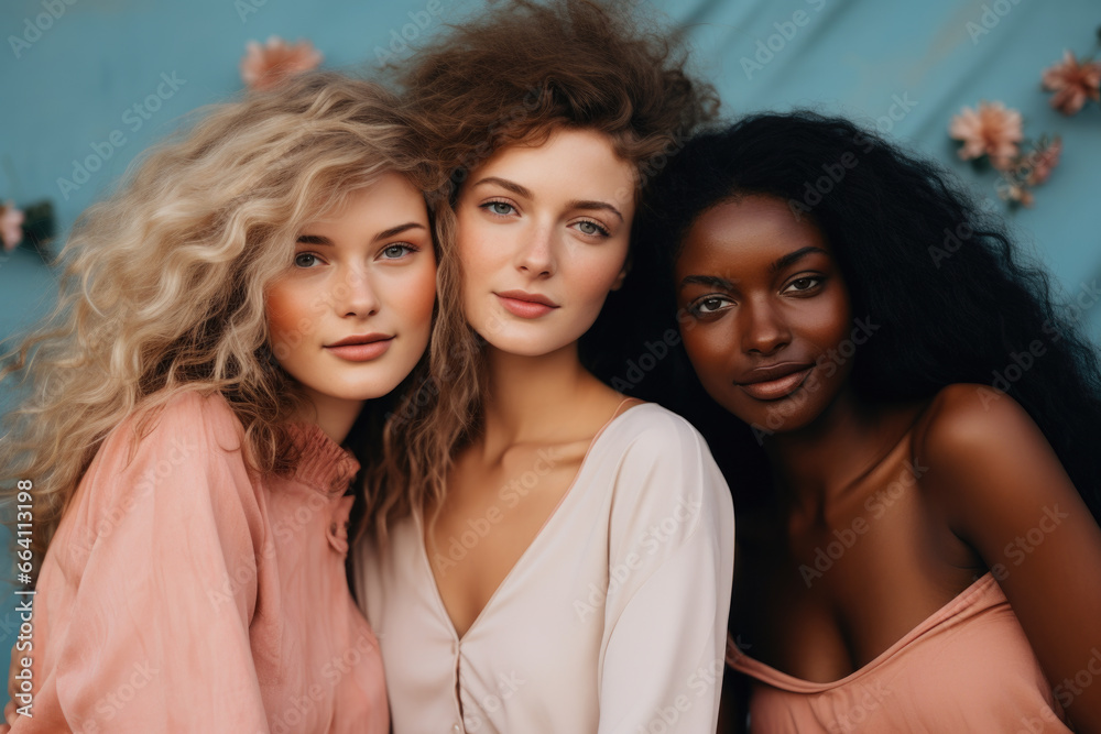 Three women striking pose for picture in front of vibrant blue wall ...